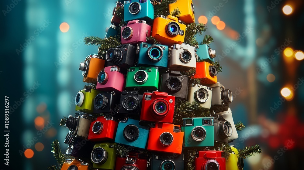 Christmas tree made of many different colored cameras. The tree is full ...