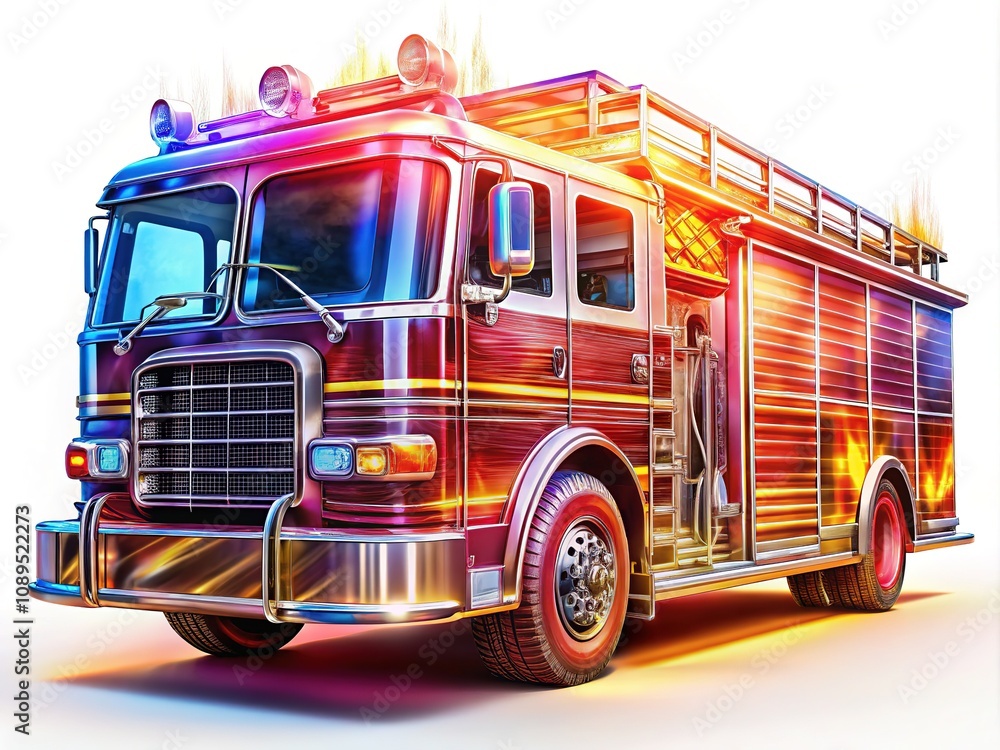 Abstract fire truck, AI art, white background. Line drawing, surreal ...