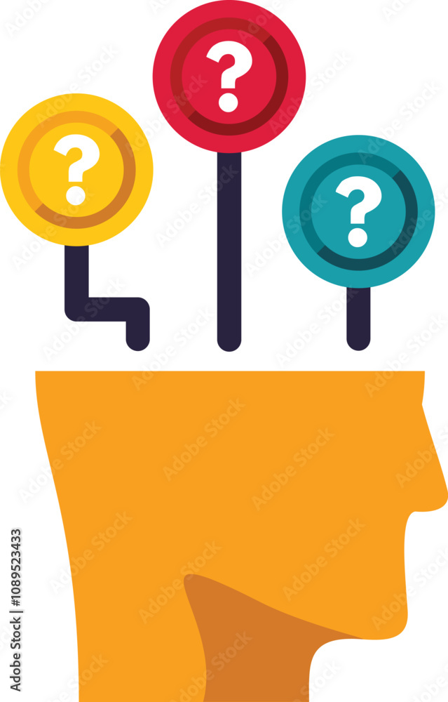 Human head silhouette with question marks connected with lines ...