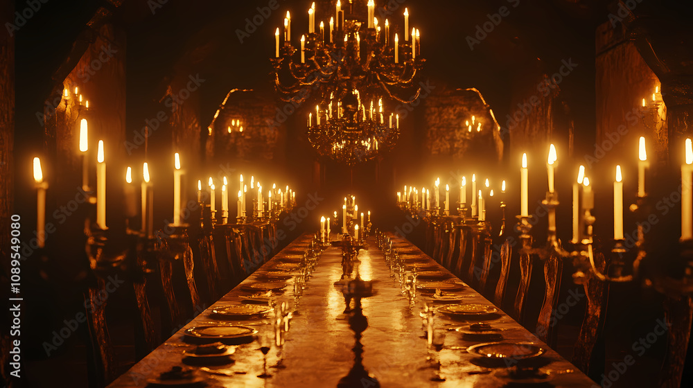 Long dining table inside the castle and candlesticks on it cinematic ...
