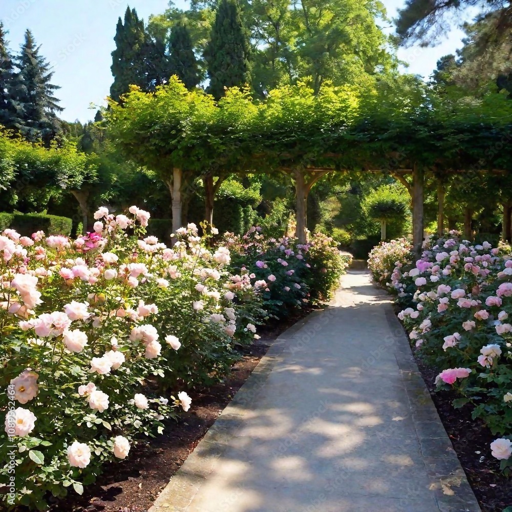 Extreme wide shot, An English Rose Garden with Winding Paths and Wooden ...