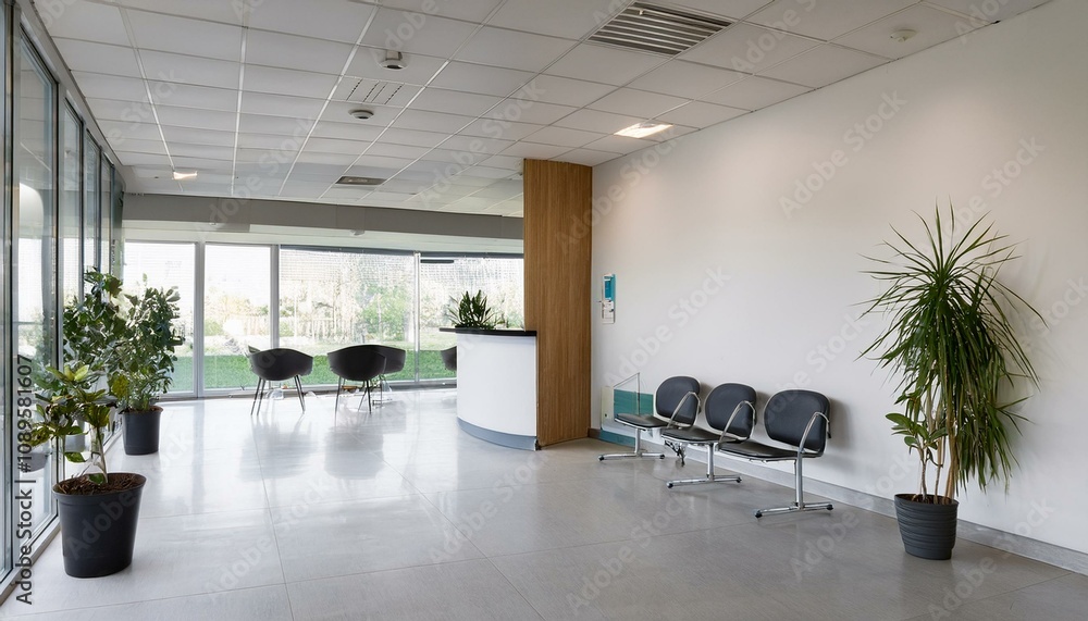 Panorama of a bright reception and waiting room in a clinic with desk ...