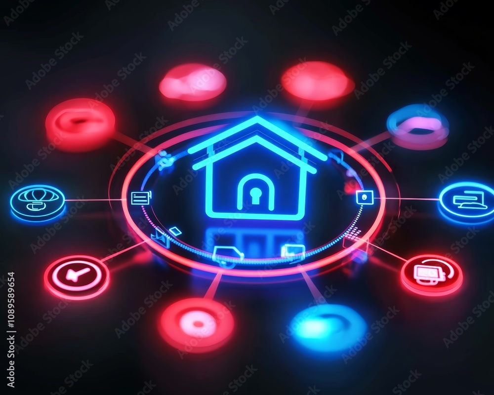 A glowing blue home icon at the center of a circular dashboard ...