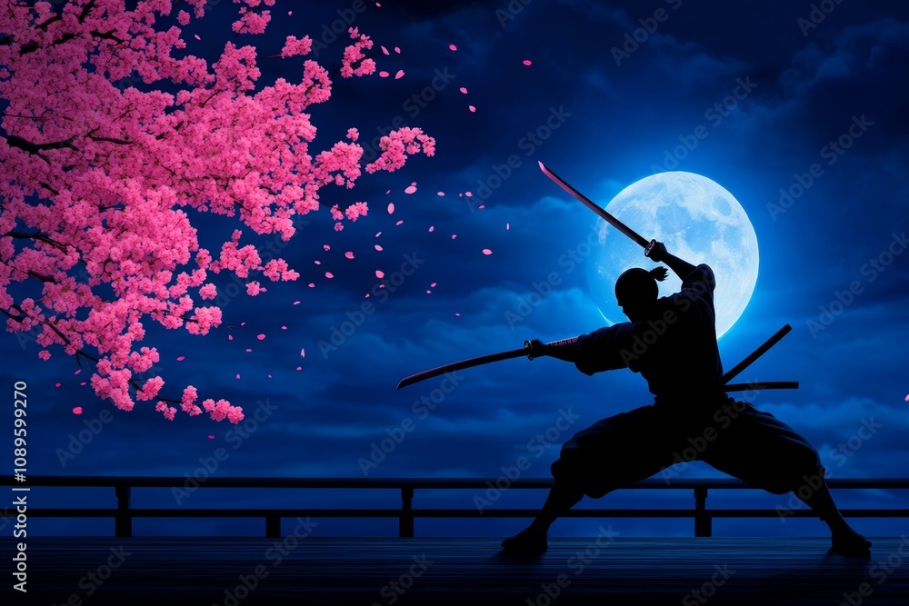 A samurai holding katanas akimbo, standing on a bridge under a full ...