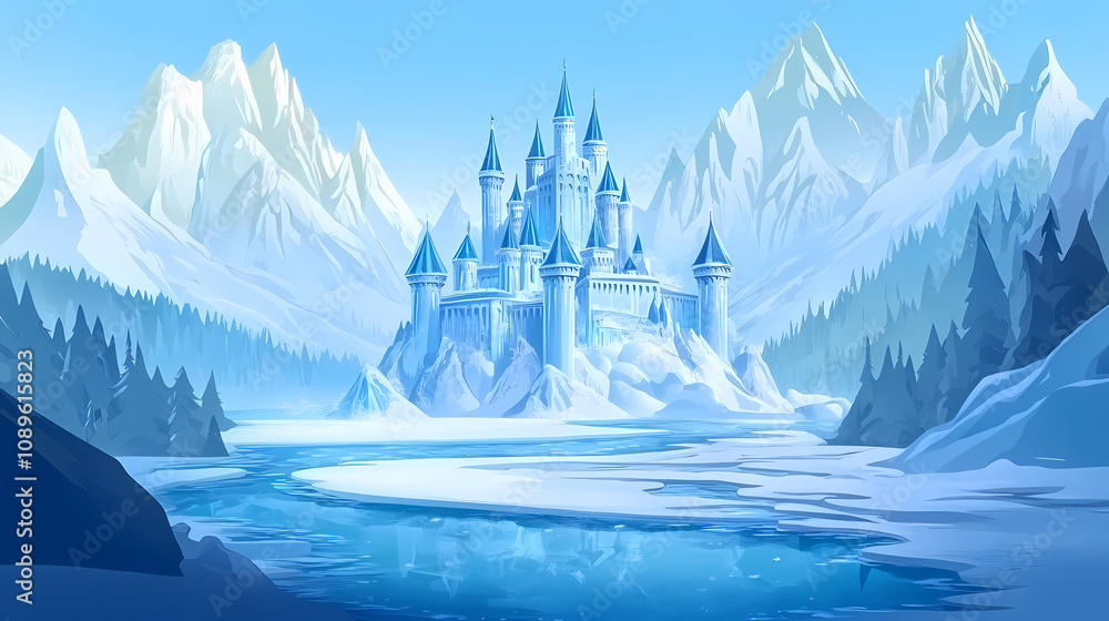 Cartoon ice palace featuring a castle surrounded by mountains, with a ...
