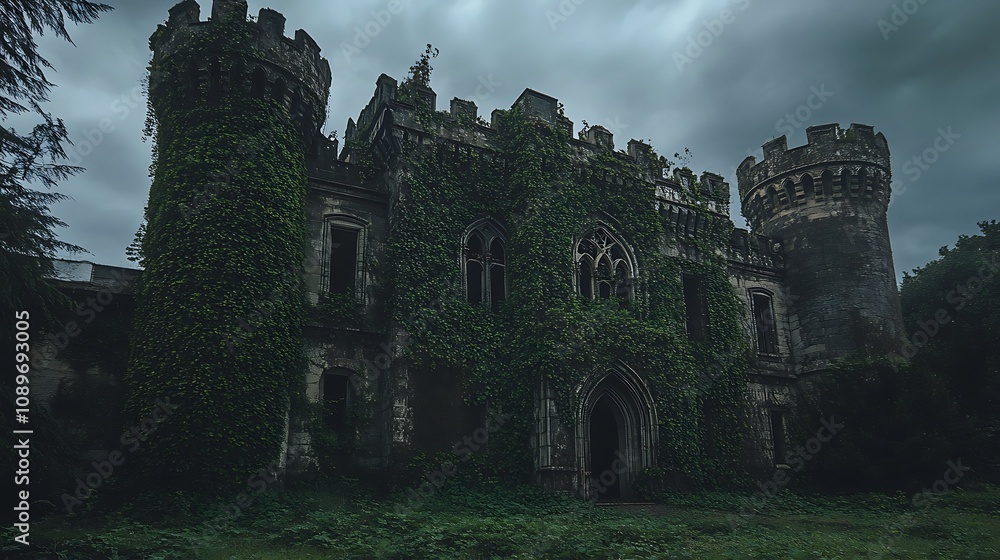 Overgrown, ruined castle shrouded in mist. Ivy clings to decaying stone ...