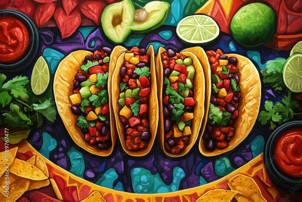 mexican food art, colorful food illustrations of tacos, burritos, and ...