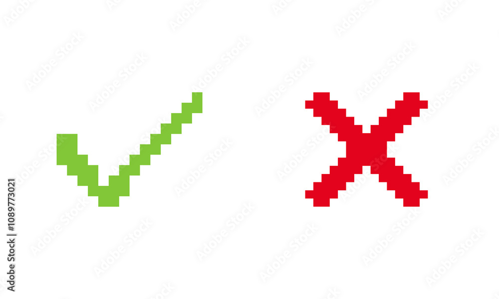 Correct and Wrong Indicators. Approval and Rejection Symbol in Pixel ...