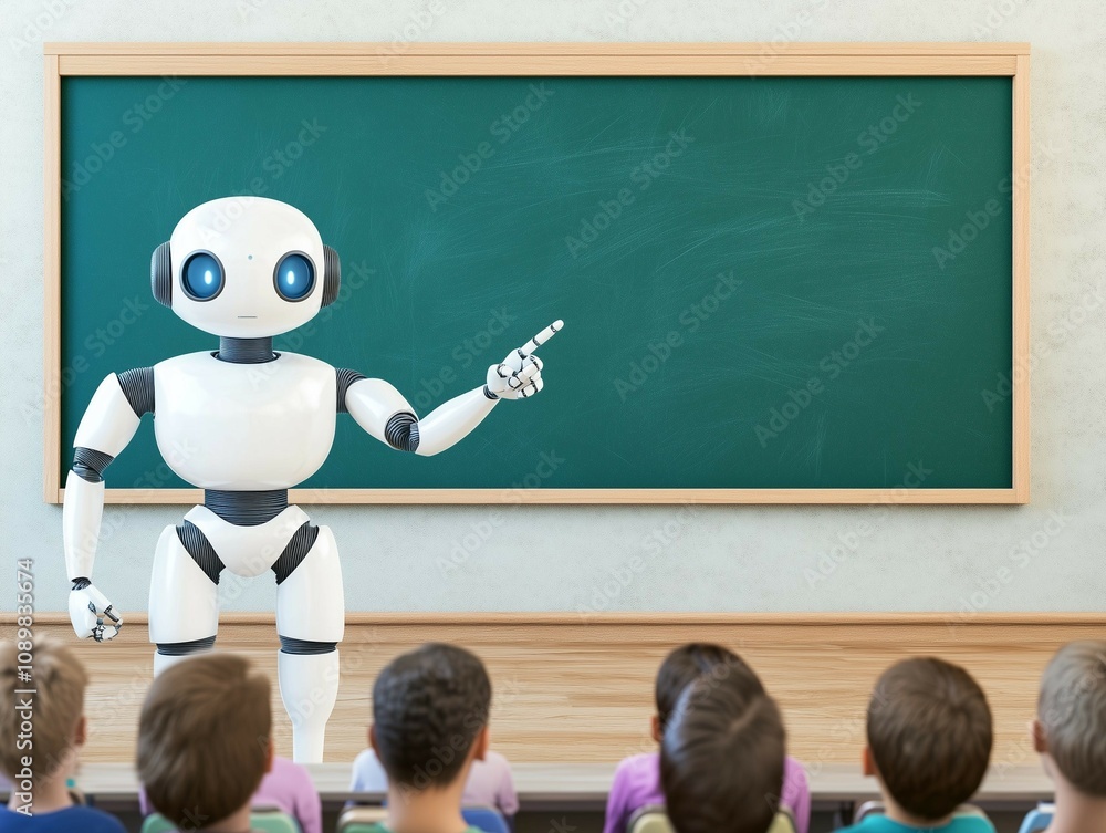 Robot teacher explaining a concept to students in a classroom setting during daytime Stock Photo ...