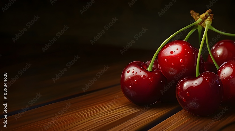 Realistic display of a cluster of fresh cherries with their deep red ...
