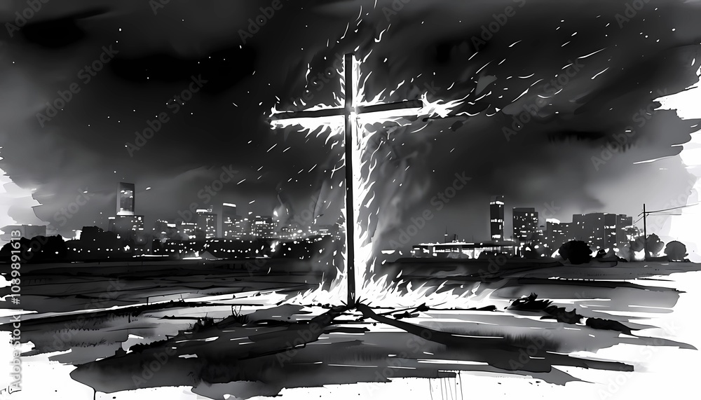 Burning big cross on a vacant lot at night against the backdrop of a ...