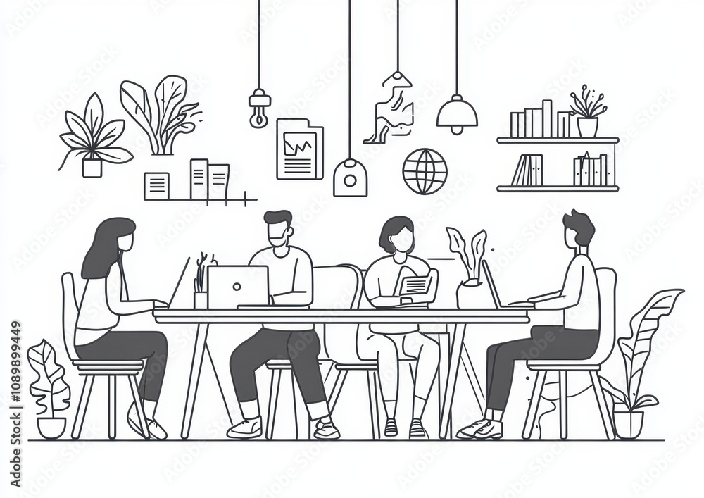 line drawing of team working together in office, group people with ...