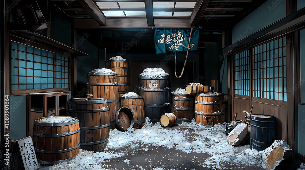 traditional Japanese sake brewery interior featuring wooden barrels ...