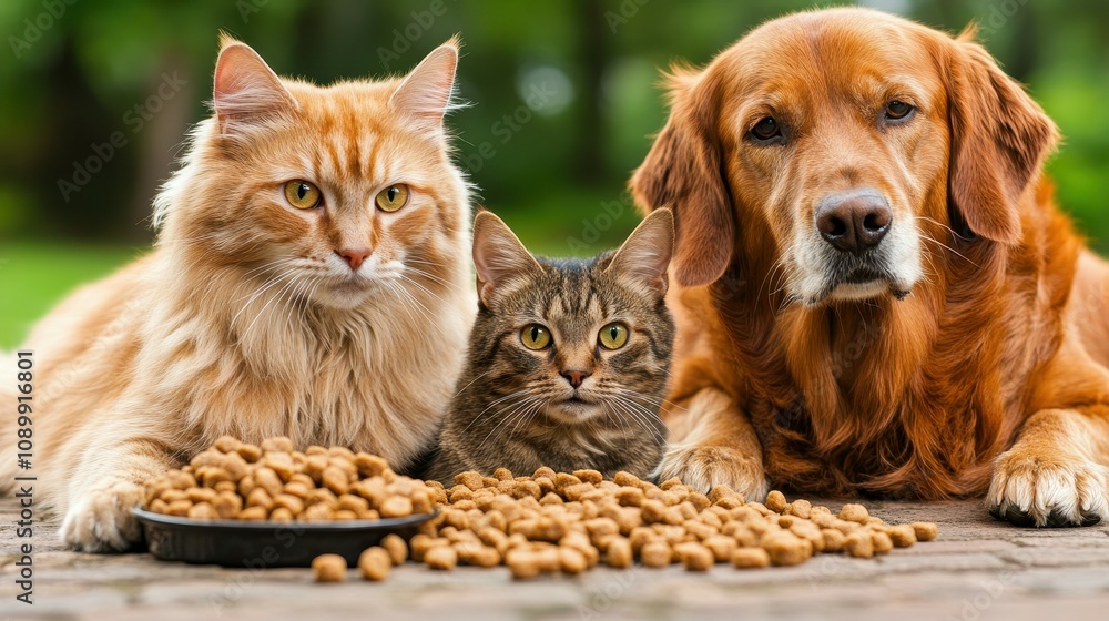 Three pets, a golden retriever and two cats, sit together in a garden ...