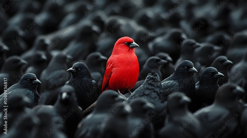 Bright red bird isolated in a sea of blackbirds, representing the ...