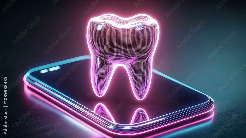 Minimalist dental app UI on smartphone with detailed holographic tooth ...