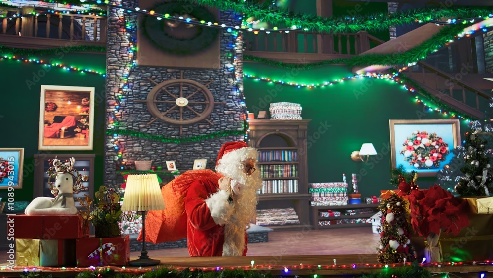 Father Christmas preparing for the annual holiday journey with his sack ...