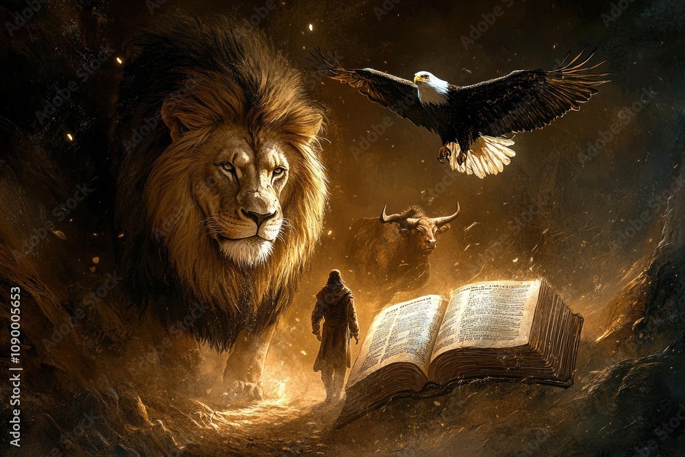 Four beings in Revelation: a lion symbolizing strength, a bull ...