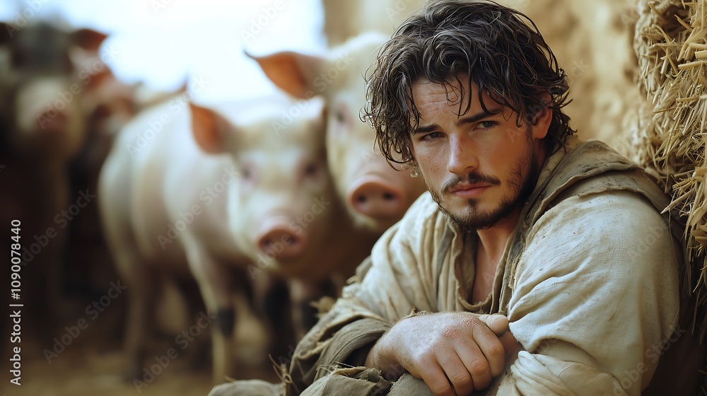 the prodigal son eating with the pigs, the stories and parables of ...