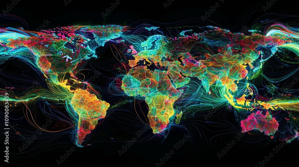 Global data flow visualization world map digital art abstract environment aerial view conceptual ...