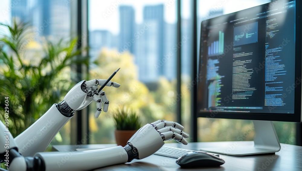 AI Revolution: Robotic Arm Coding on Desktop Stock Illustration | Adobe ...