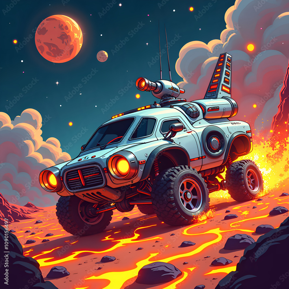 Adventurous space rover on a fiery planet with cosmic background and ...