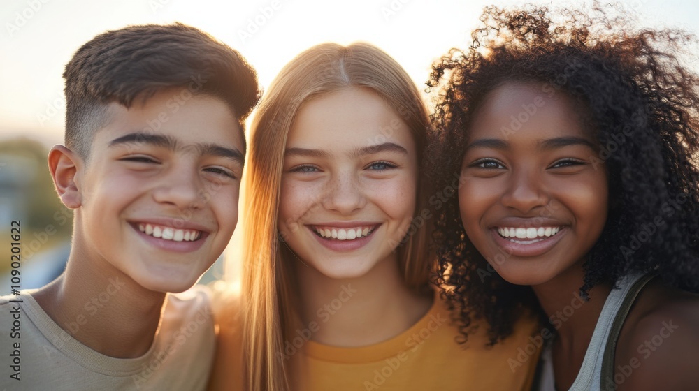 Closeup of three young friends, a Hispanic boy with a short buzz cut ...