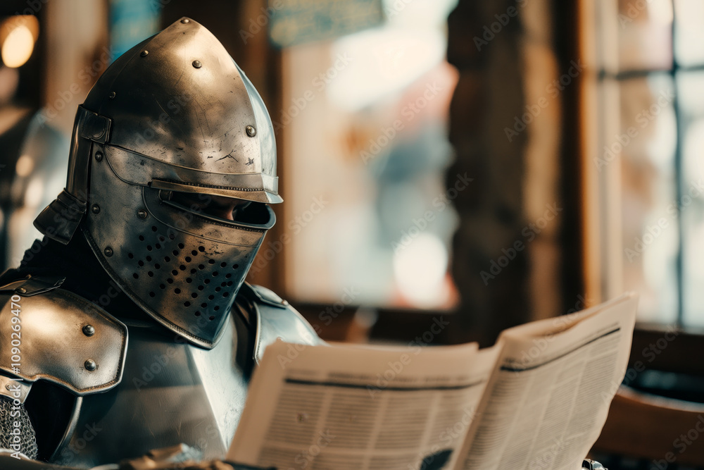 Medieval Knight Reading Newspaper in Modern Cafe Surreal Juxtaposition ...