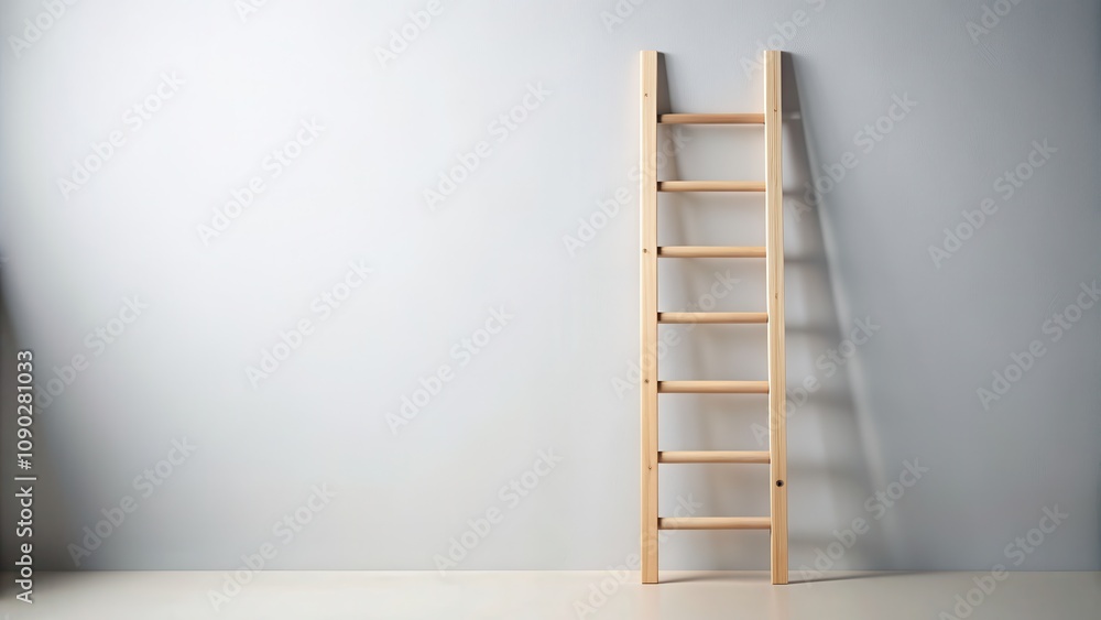 Wooden ladder with evenly spaced rungs on light background, balance ...