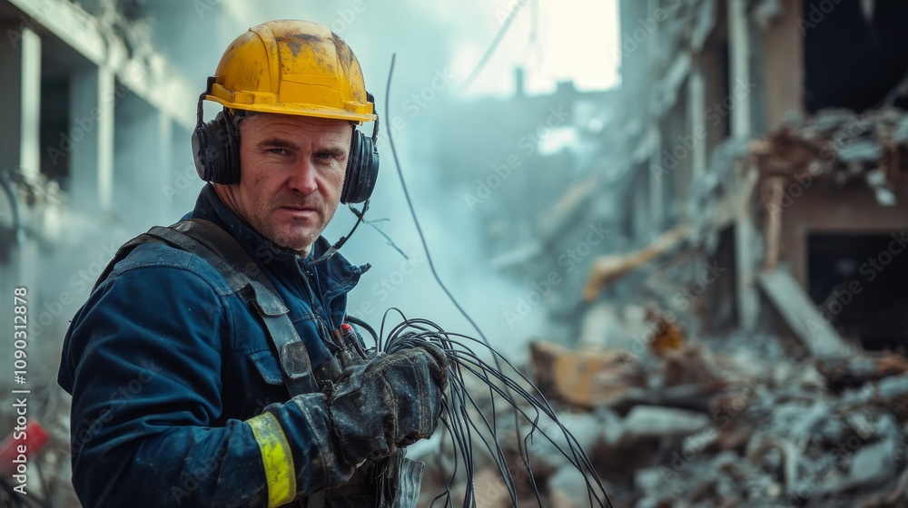 A demolition expert in heavy-duty protective gear, holding detonator ...