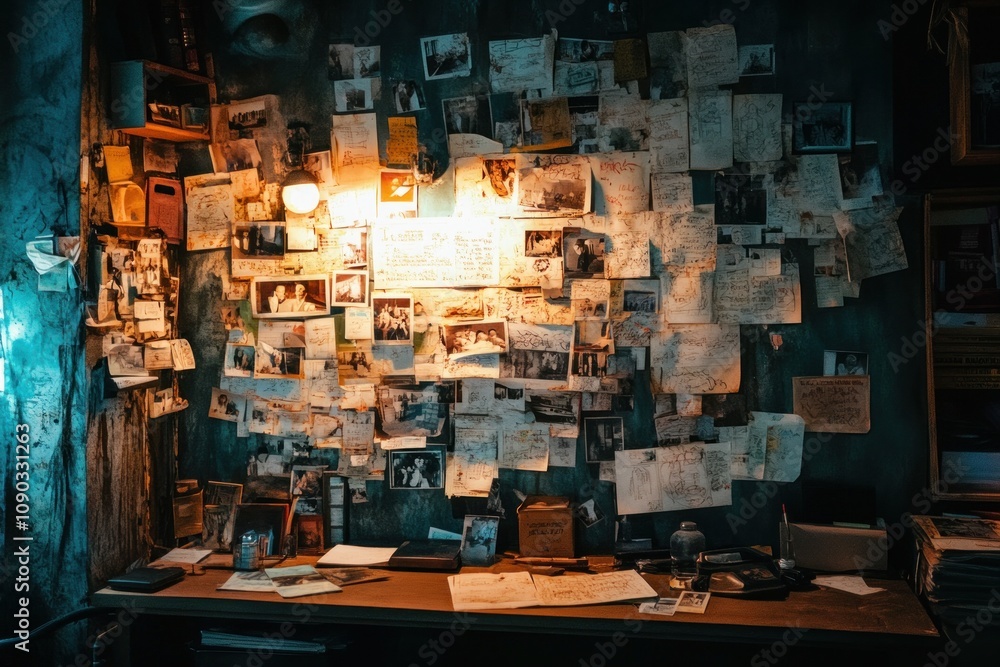 Detective workplace, crime investigation, solving mysteries. Quest room ...
