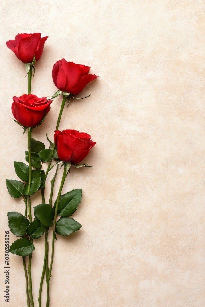 Cuatro rosas rojas frescas dispuestas elegantemente sobre un fondo ...