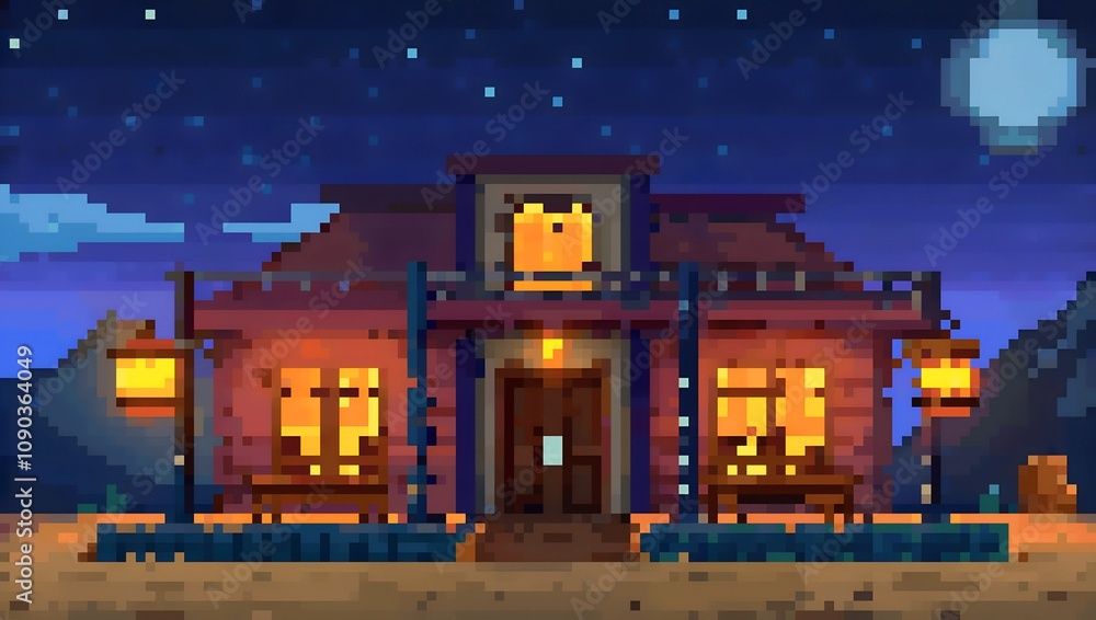 Western saloon in a desert setting at night pixel art background. 8-bit ...