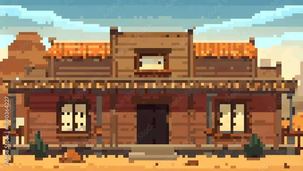 Western saloon in a desert setting during daytime pixel art background ...