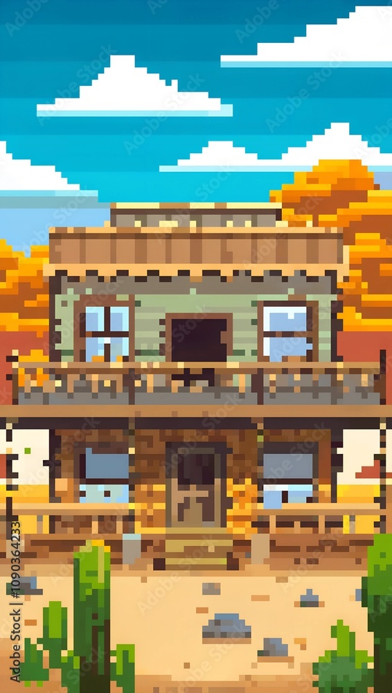 Western saloon in a desert setting during daytime pixel art background ...
