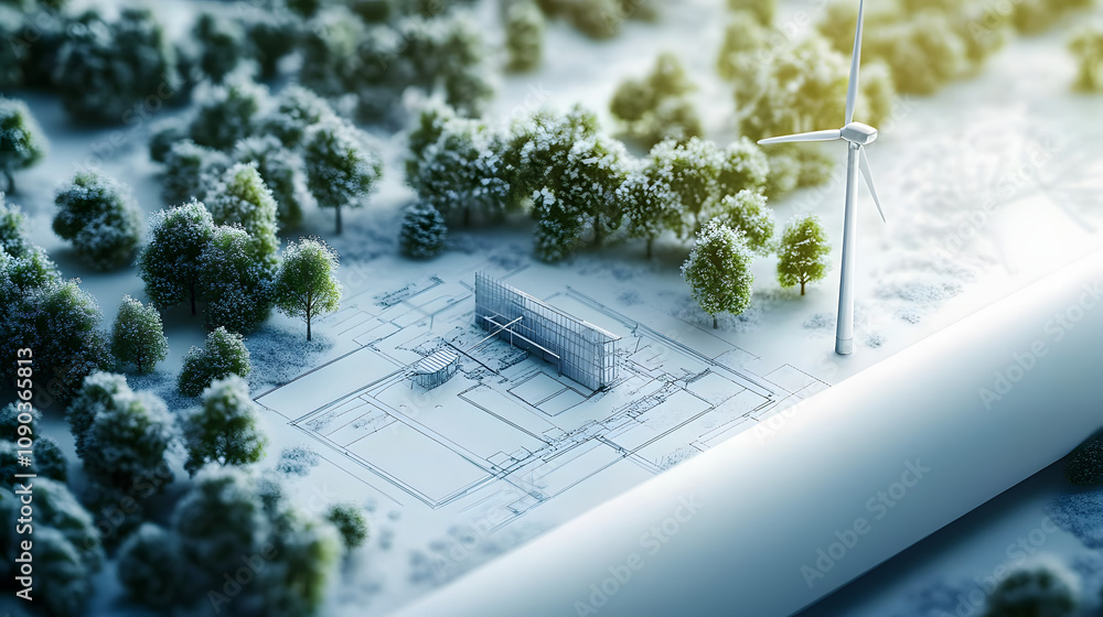 Blueprint of Sustainable Development: Wind Turbine, Trees, and ...