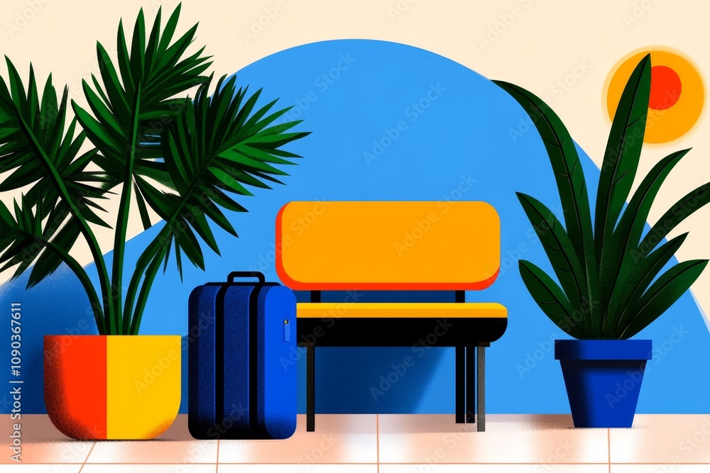 Airport security checkpoint depicted in a retro 1960s poster style ...