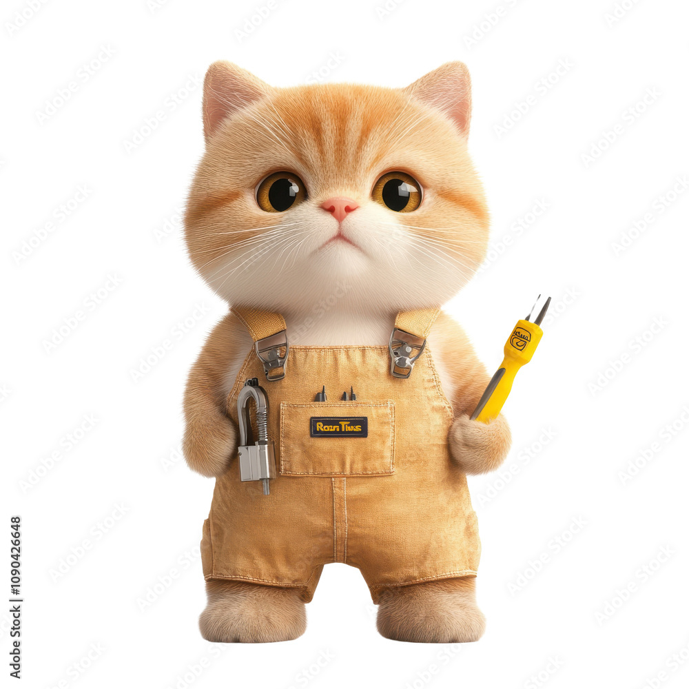 Cute cartoon cat dressed as an electrician, holding tools and posing ...