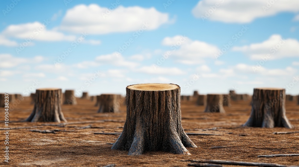 A barren field filled with tree stumps under a blue sky, symbolizing ...