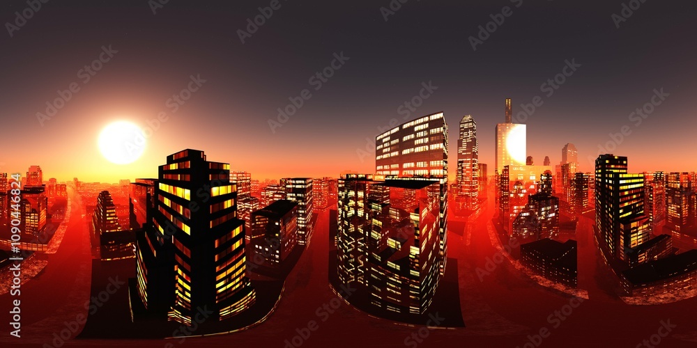 Night city, Cityscape, Environment map. HDRI map. Equirectangular ...
