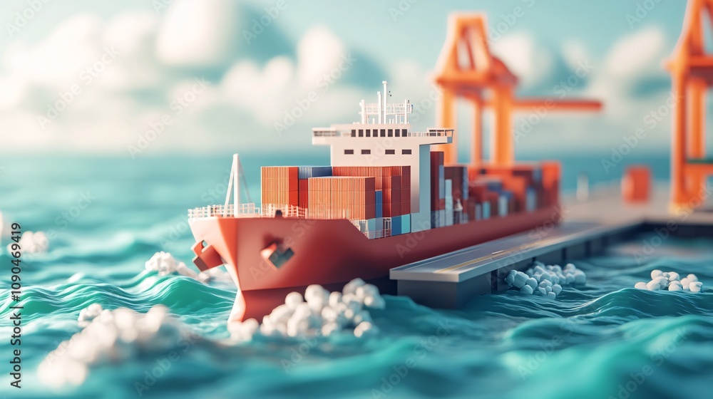 Futuristic 3D Cargo Ship Unloading Containers with Geometric Cranes and ...