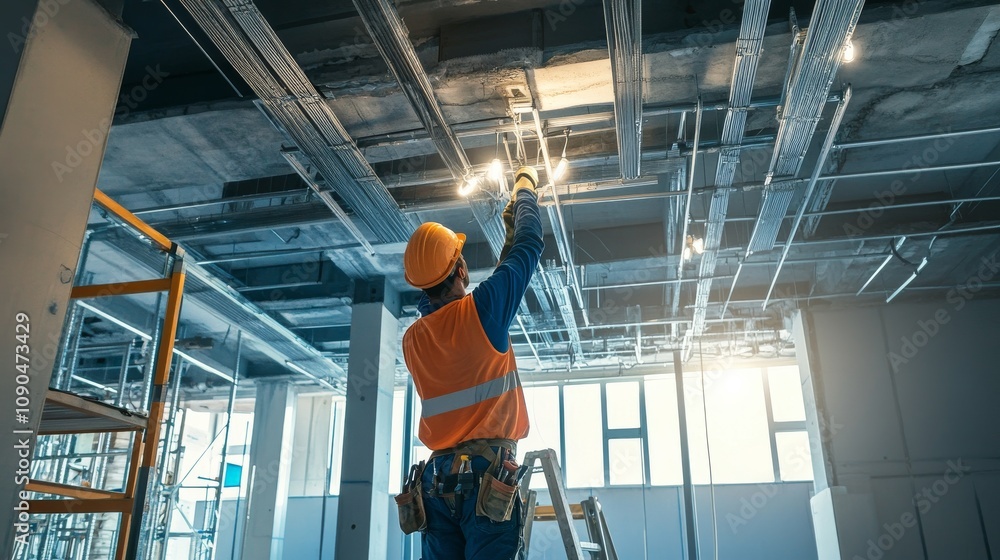 An electrician installing lighting fixtures in a commercial building ...