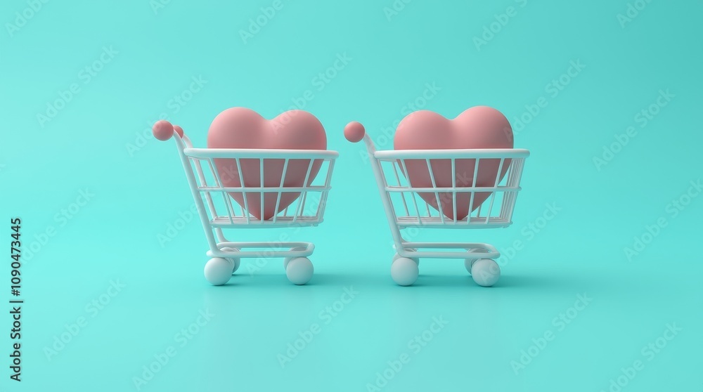 Two 3D shopping carts with pink heart shapes inside on a turquoise ...