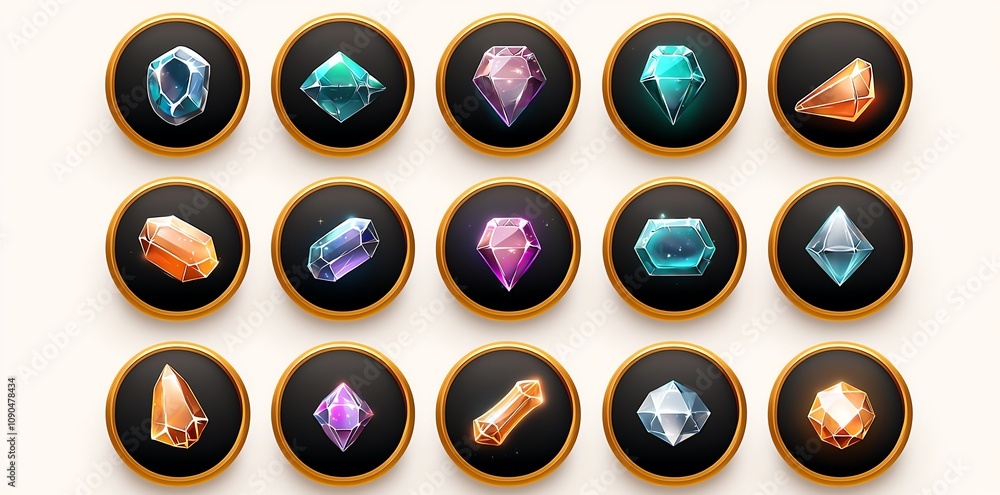 Collection of glowing gem icons in various colors and shapes with a ...