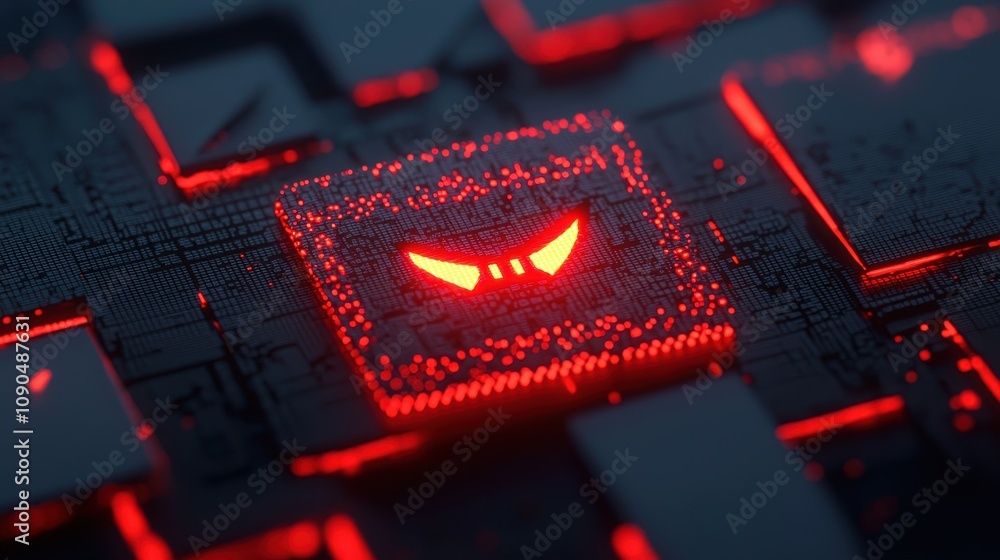 Rogue AI face in an email screen, sinister smirk, representing smart ...