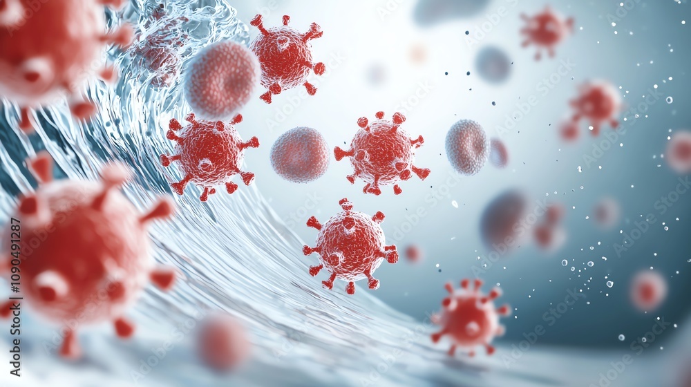 High-resolution image of microscopic virus particles showcasing their complex structures ...