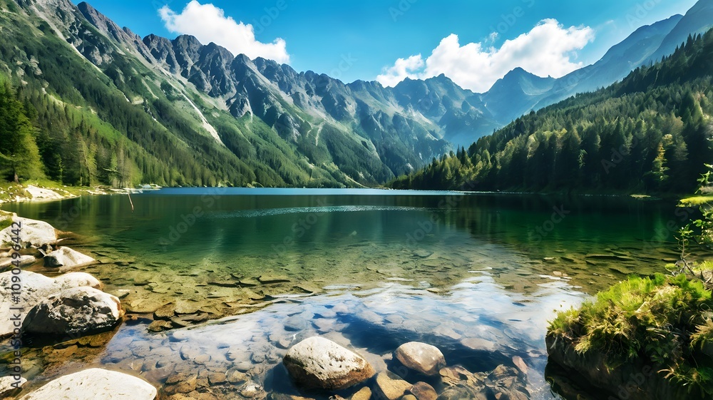 Mountain peak Sylvenstein lake, Zugspitze Summer day at lake Eibsee ...