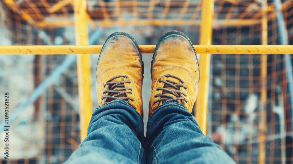 Safety first construction worker balancing on scaffold urban site ...