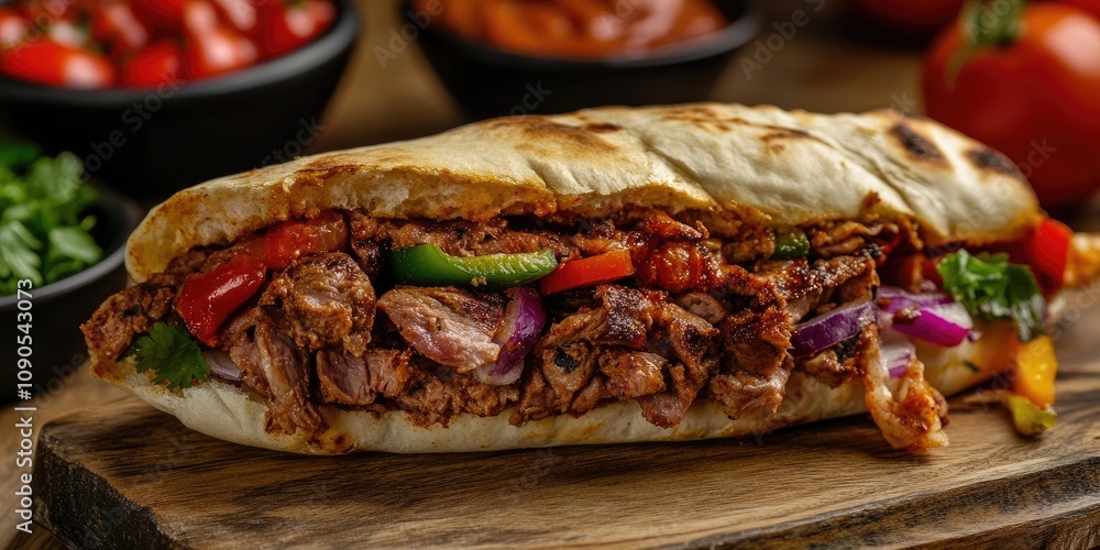 Delicious doner kebab featuring grilled meat, fresh bread, and vibrant ...