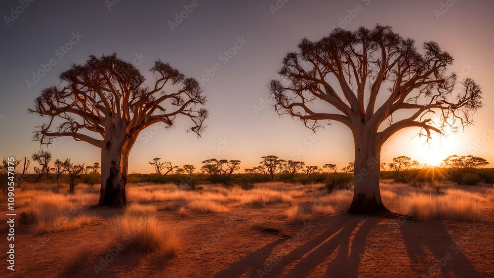 The unique boab trees of the kimberley at sunset casting long shadows ...